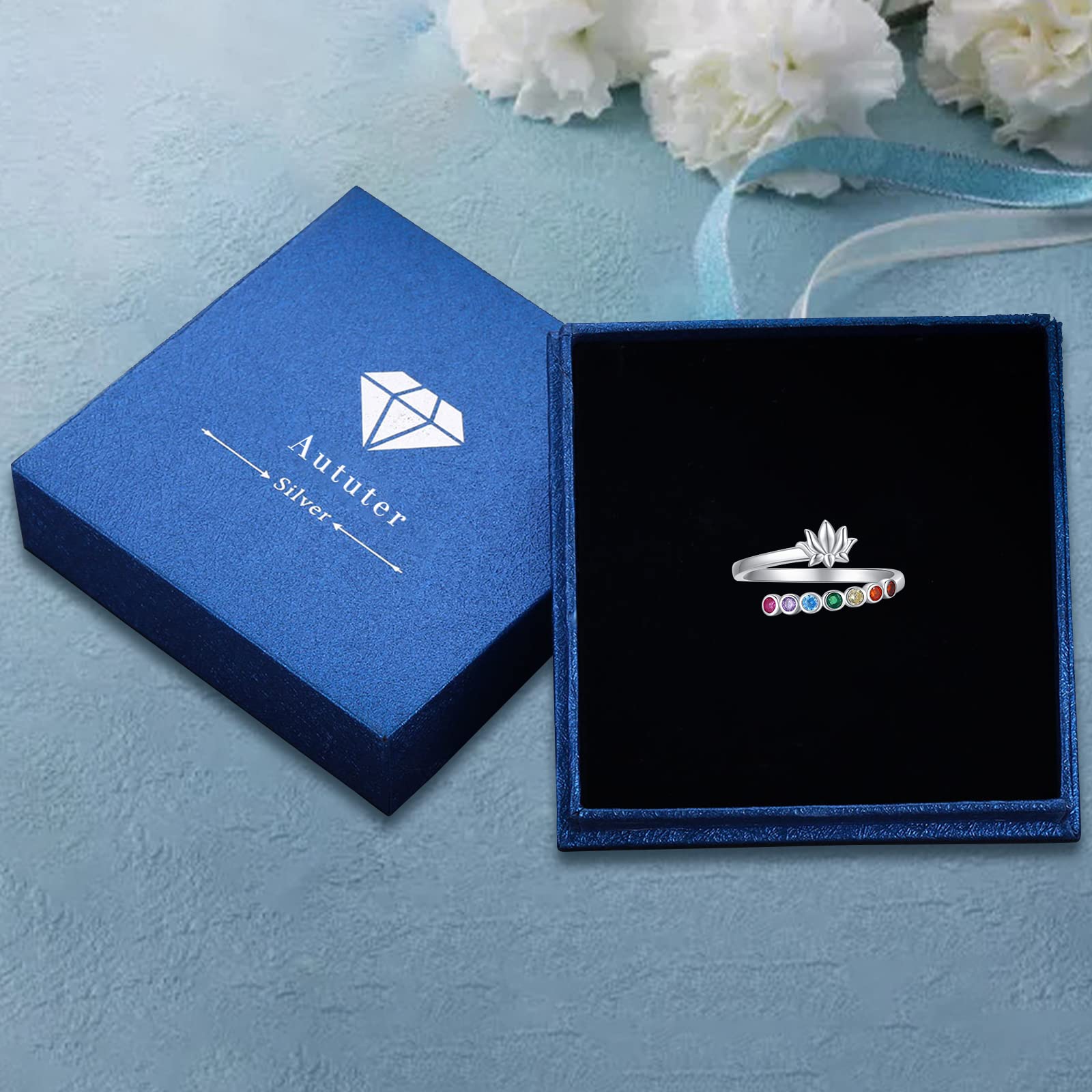 Lotus Ring for Women Sterling Silver Rainbow Chakra Ring Adjustable Open Ring Flower Wrap Band