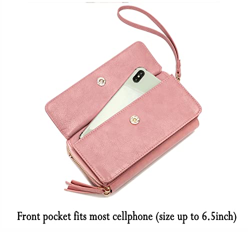 Women Crossbody Wallet RFID Blocking Cell Phone wristlet Purse with shoulder strap small cross body bag (Pink
