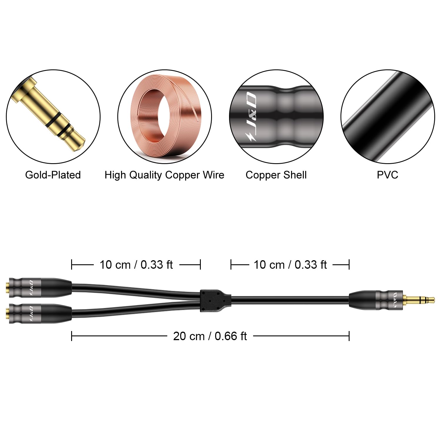 J&D Headphone Splitter 3.5 mm Audio Stereo Y Splitter Cable, 1/8 inch TRS Male to Dual 1/8 inch TRS Female Headphone Jack Adapter Aux Extension Cable for Phone/PS4/Switch/Tablet, 0.65 ft