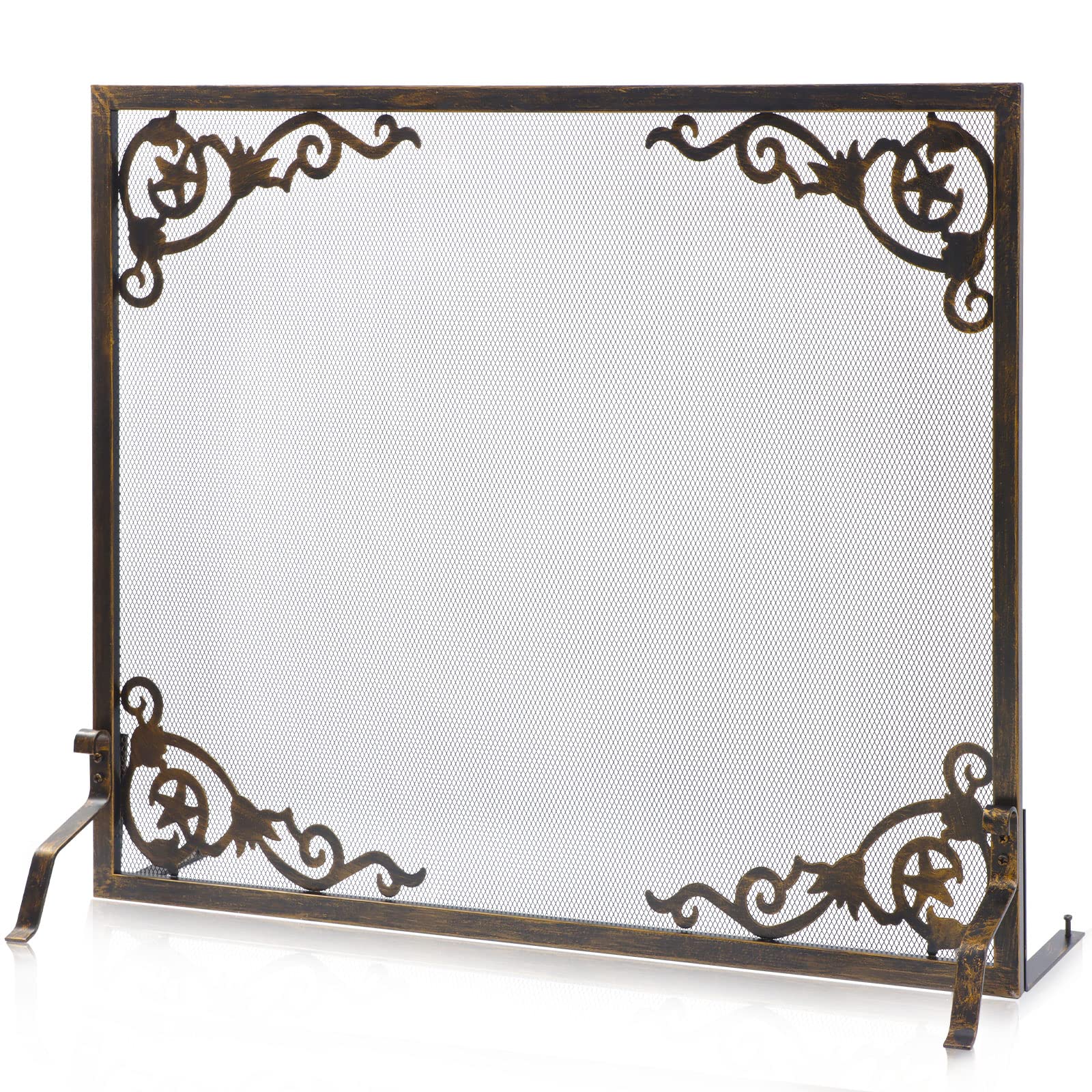 Gtongoko Fireplace Screen 38" W x 31" H Single Panel Wrought Iron Decorative Fire Spark Guard Grate for Living Room Home Decor - Black