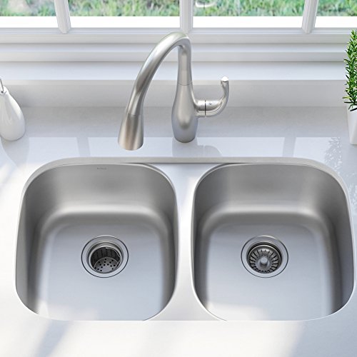 KRAUS Premier 32-inch 16 Gauge Undermount 50/50 Double Bowl Stainless Steel Kitchen Sink with WasteGuard™ Continuous Feed Garbage Disposal, KBU22-100-75MB
