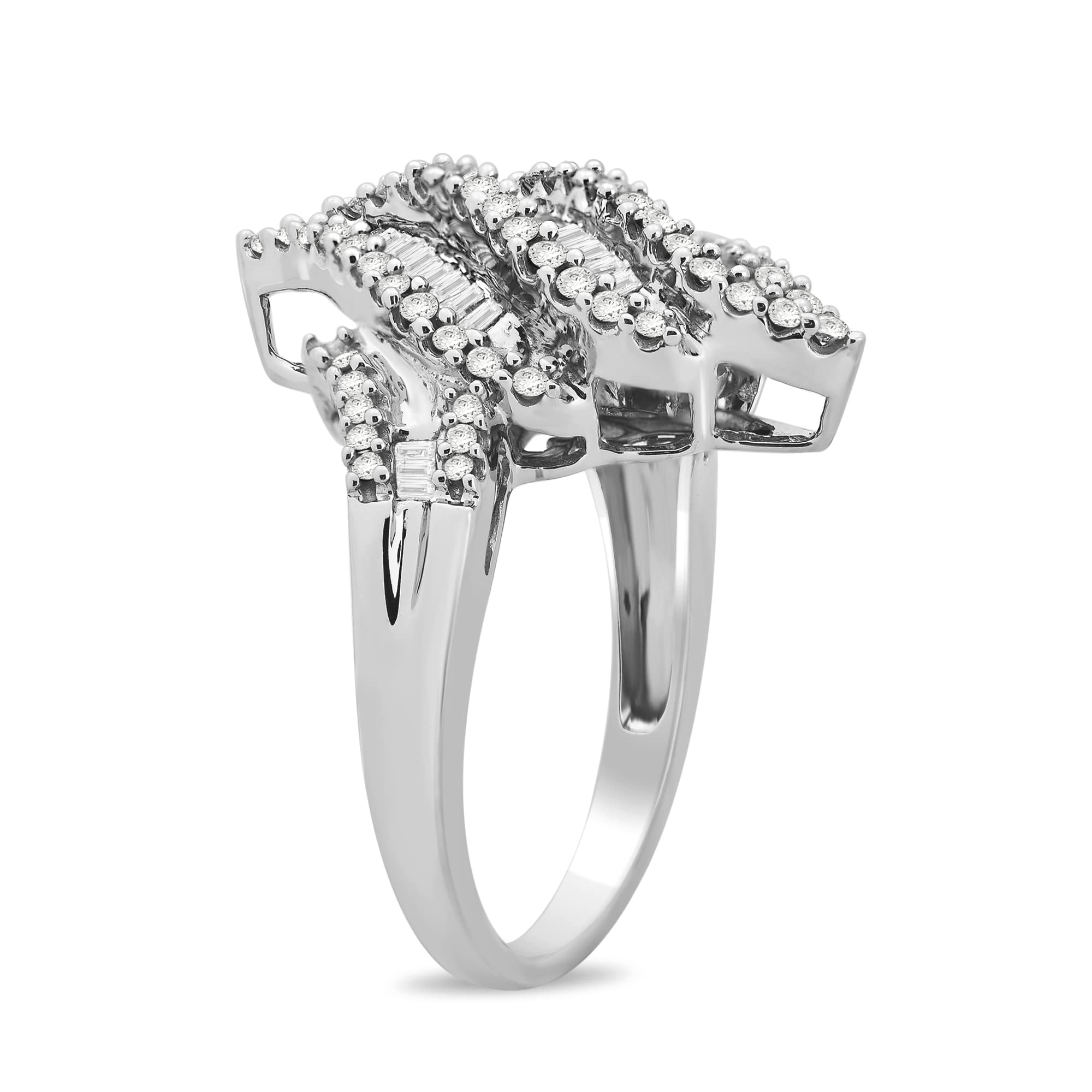 Jewelili 10K White Gold 1 Cttw Natural White Round and Baguette Cut Diamonds Cluster Ring, Size 7