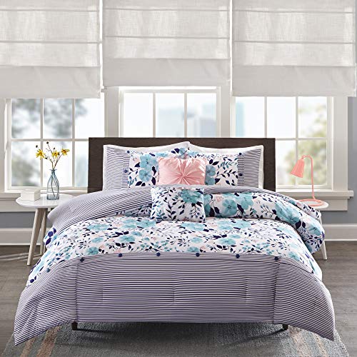 Intelligent Design Delle Comforter Set Full/Queen Size - Blue , Floral Stripes – 5 Piece Bed Sets – Ultra Soft Microfiber Teen Bedding For Girls Bedroom