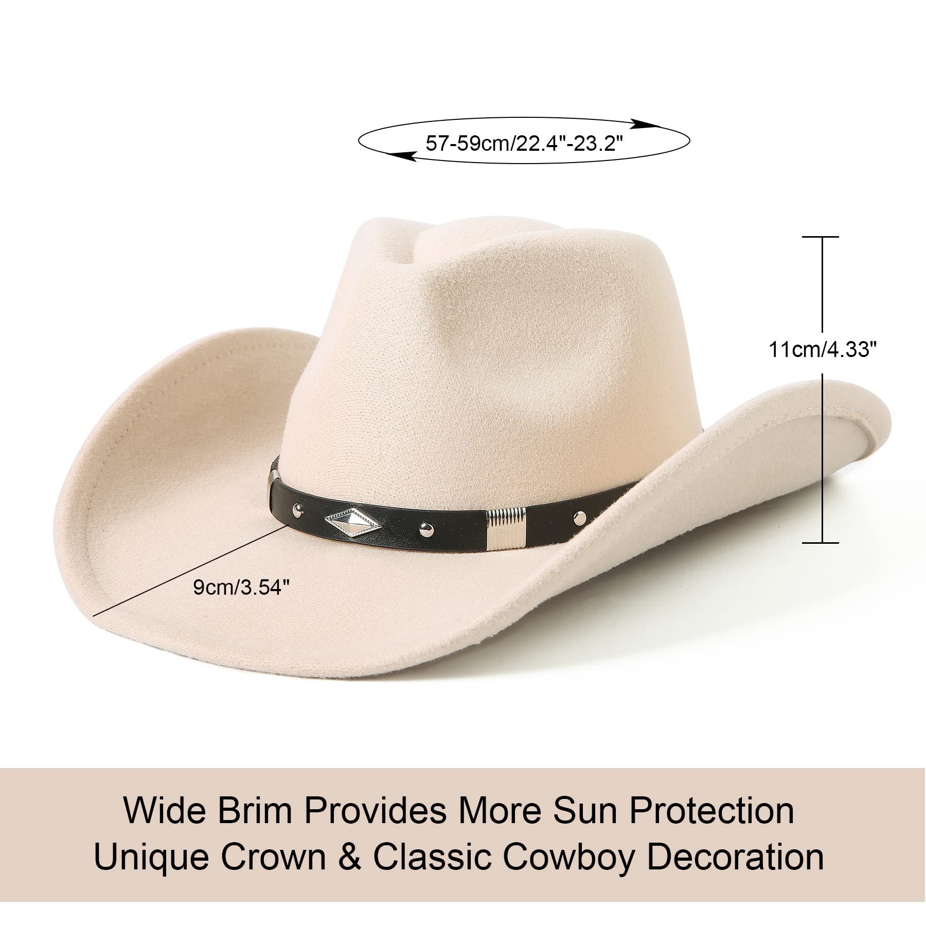 Lanzom Women Men Classic Felt Wide Brim Western Cowboy Cowgirl Hat with Belt Buckle(Medium,Dark Grey)
