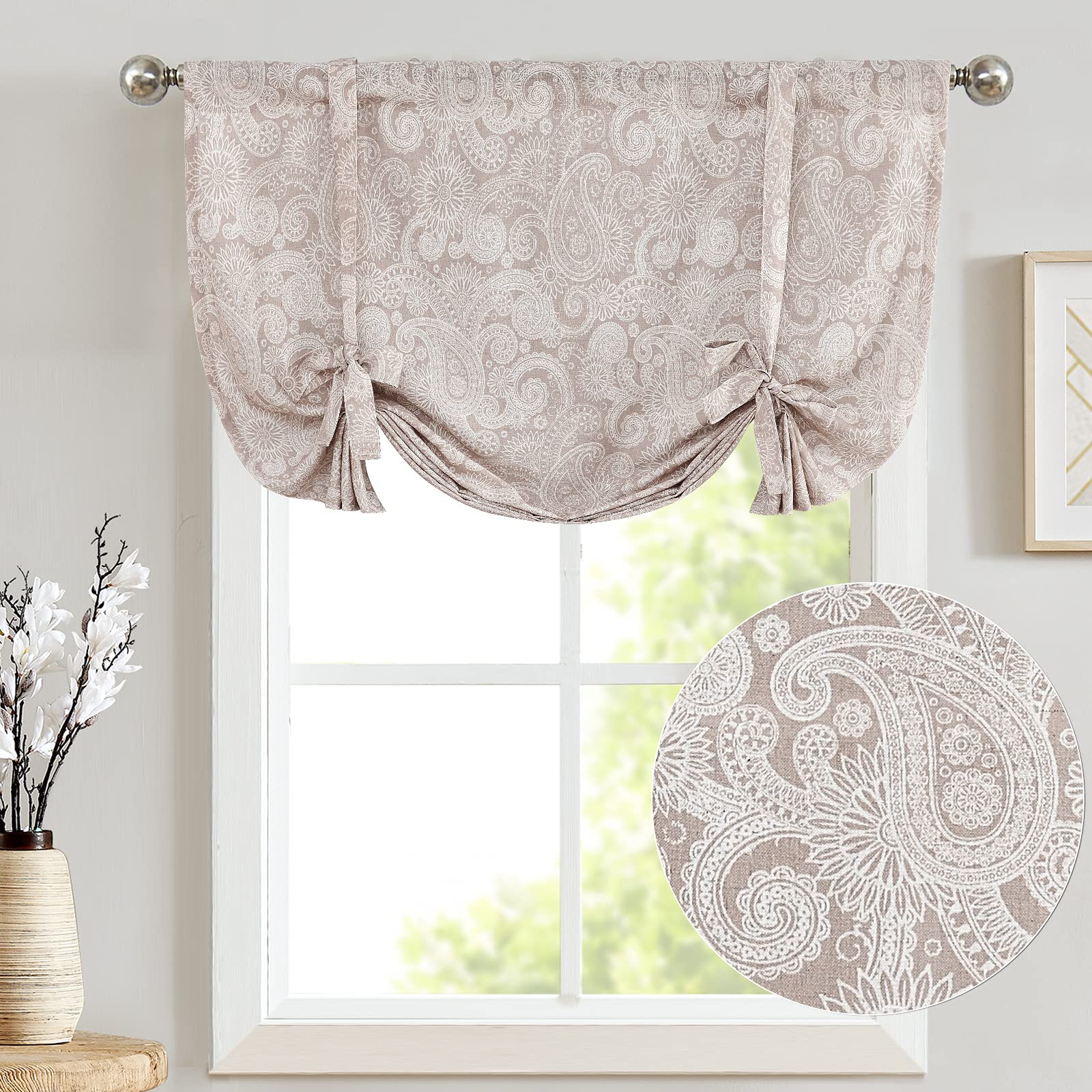 jinchan Tie Up Valance Flax Linen Textured Paisley Damask Printed Adjustable Tie-up Small Valances for Kitchen Living Room Windows Medallion Design 1 Panel Taupe on Beige 18 Inch Long