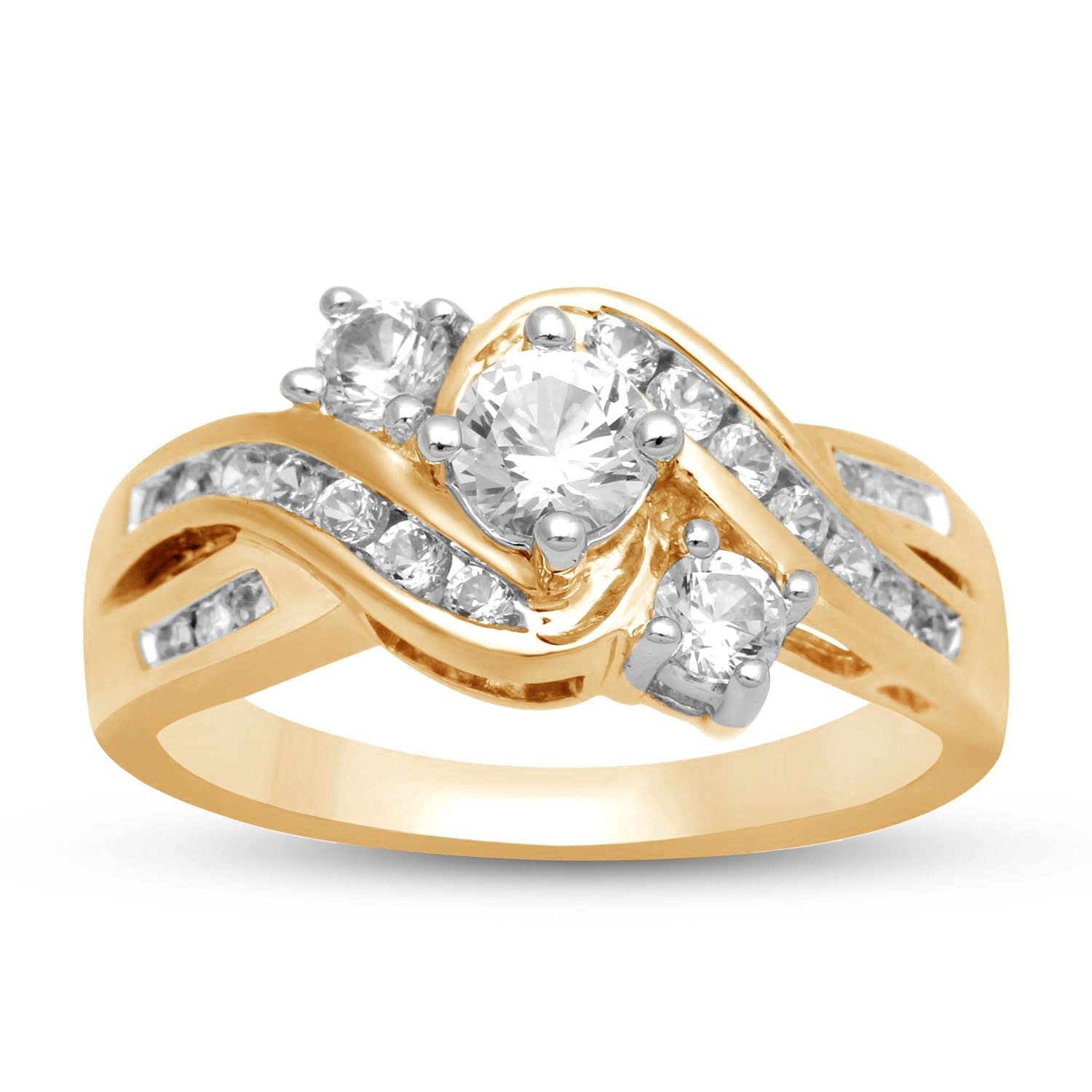 Jewelili 14K Yellow gold over Sterling Silver 3 Stone Round Created White Sapphire and Natural White Round Diamond Accent Ring, Size 6
