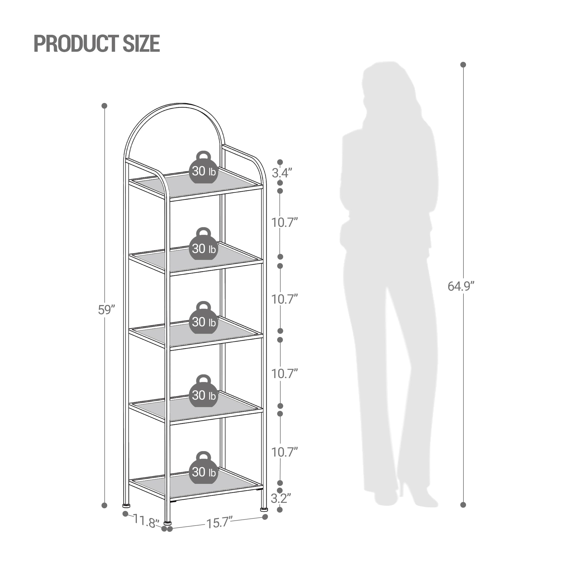 Hzuaneri Bookcase Bookshelf, Tempered Glass Bookshelves, Slim Shelving Unit for Bedroom, Bathroom, Home Office, Steel Frame, 5 Tier Gold BC05001G