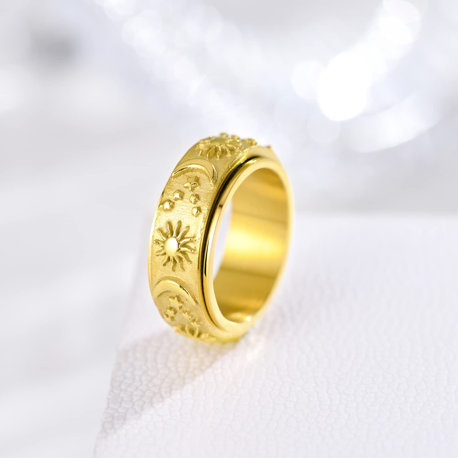 JINEAR Anxiety Fidget Rings for Women Men 18K Gold Plated Relieving Spinner Spinning Bands Star Sun Ring Size 10
