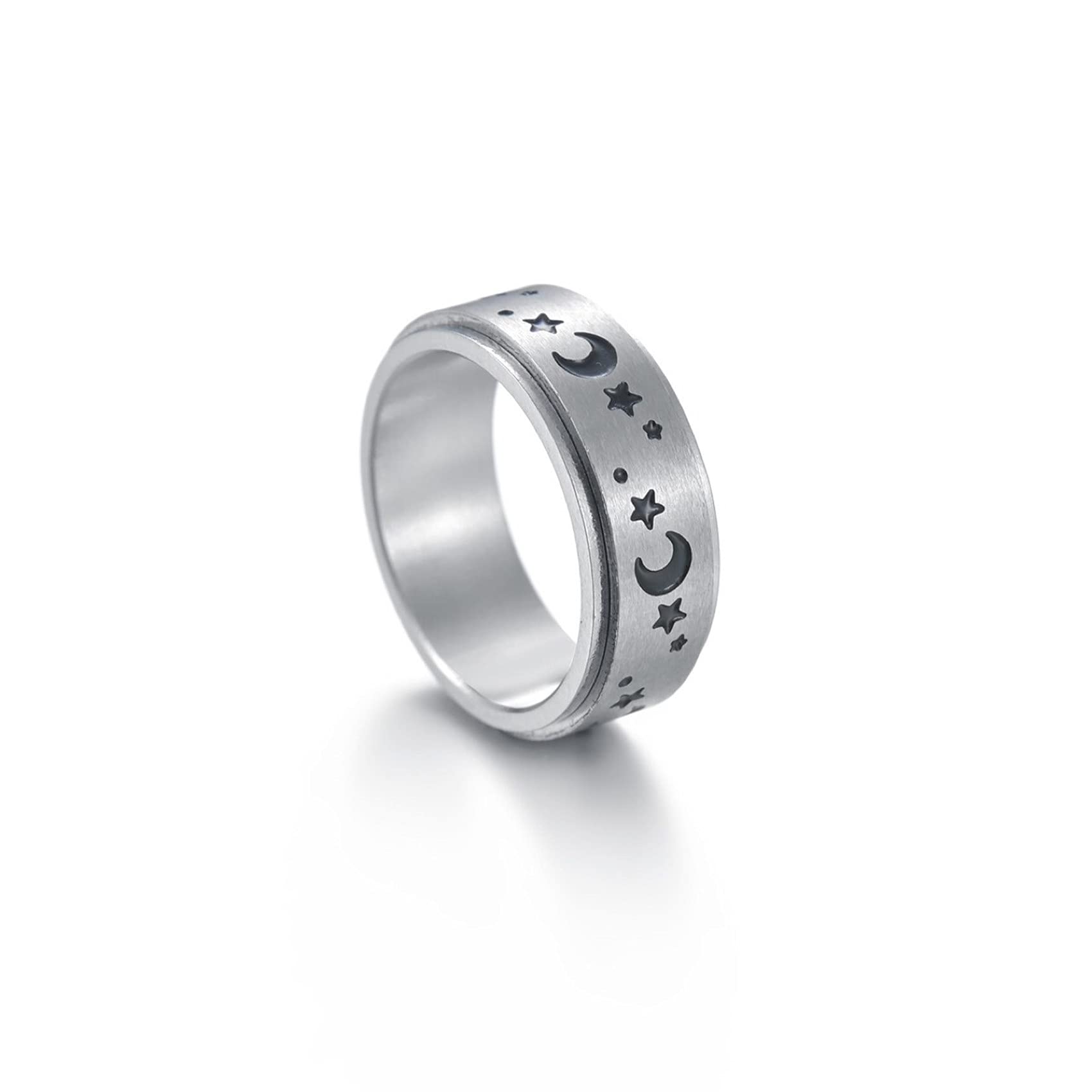 Kshcf Spinner Ring Titanium Steel Ring Anxiety Ring Fashion Decompression Ring Moon and Star Fidget Ring for Women Men,Size 11, Steel Black