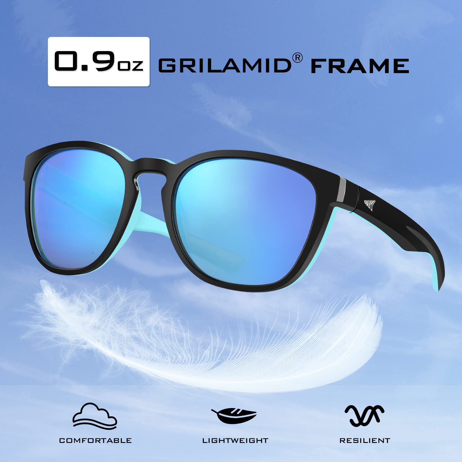 KastKing Tazlina Polarized Sport Sunglasses for Men and Women, Gloss Black Sky blue Frame, Smoke - Blue Ocean Mirror