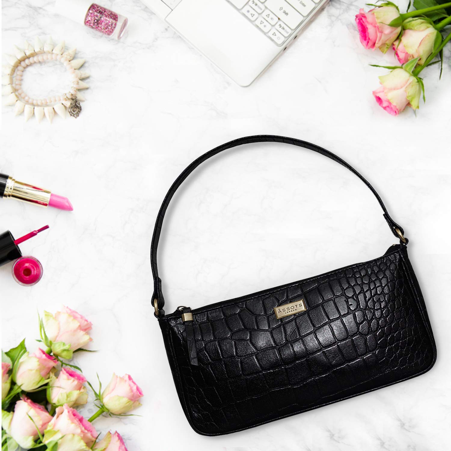 Leather Shoulder Bag for Women - Retro Classic Clutch Real Leather Croc Print Tote Small Purse Handbag with Zipper Closure