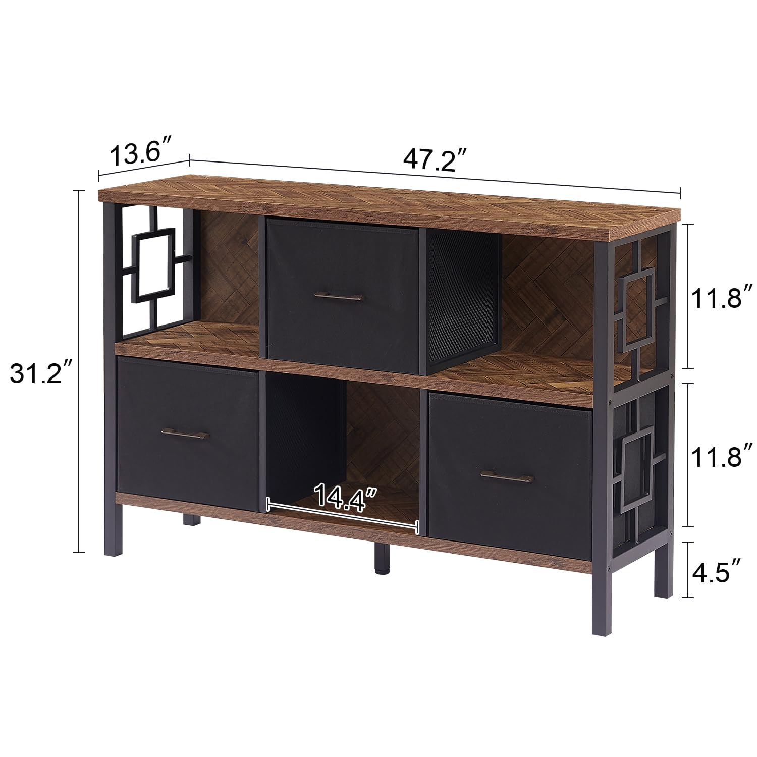 HOMISSUE 6 Cube Storage Organizer, Industrial Cube Storage Shelf with 3 Foldable Cube Storage Bin, Long Horizontal Bookshelf with Metal Frame, Low Bookshelf for Living Room and Office, Rustic Brown