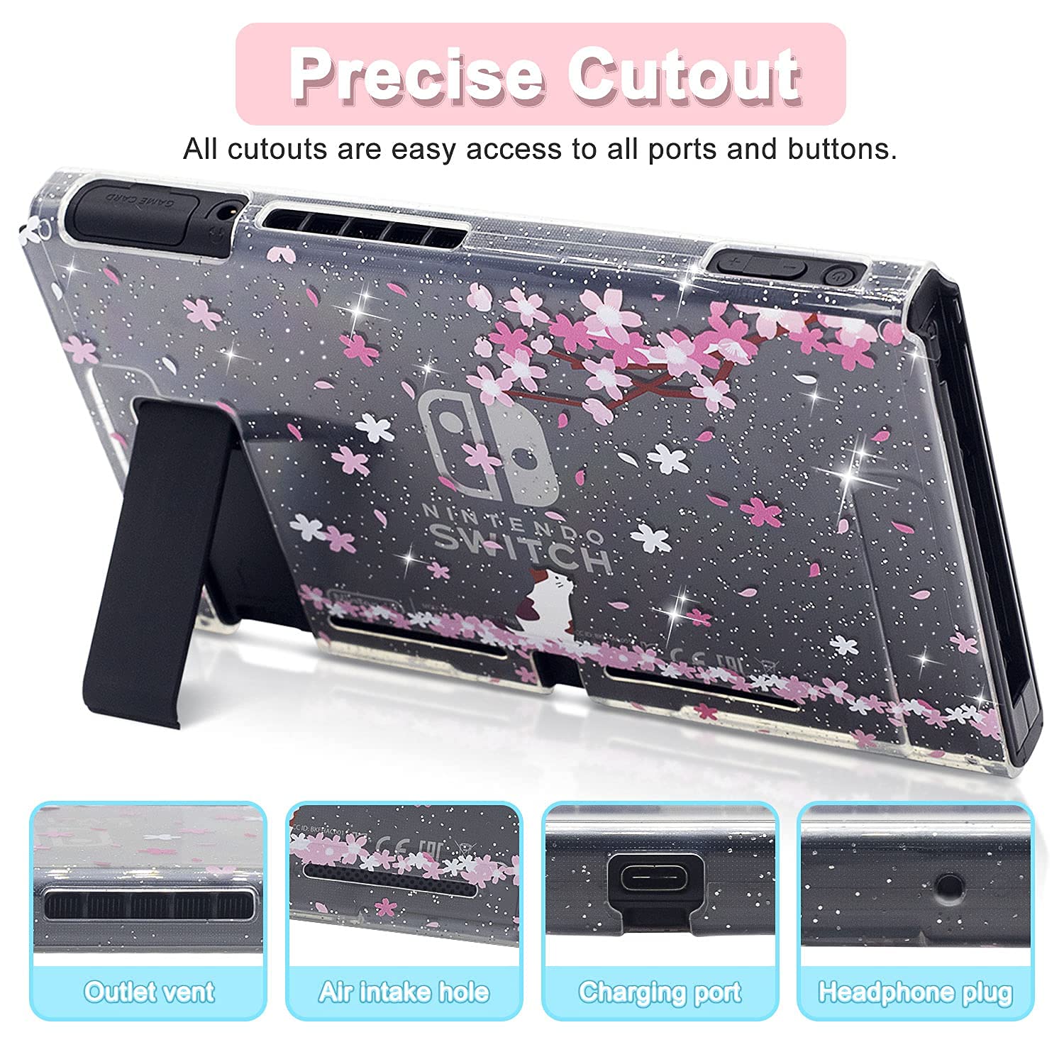 Kawaii Glitter Clear Case for Nintendo Switch,BRHE Soft TPU Dockable Protective Cover Cute Cat Bling Skin for Girls with Screen Protector Thumb Grips – Cherry Blossom Pink
