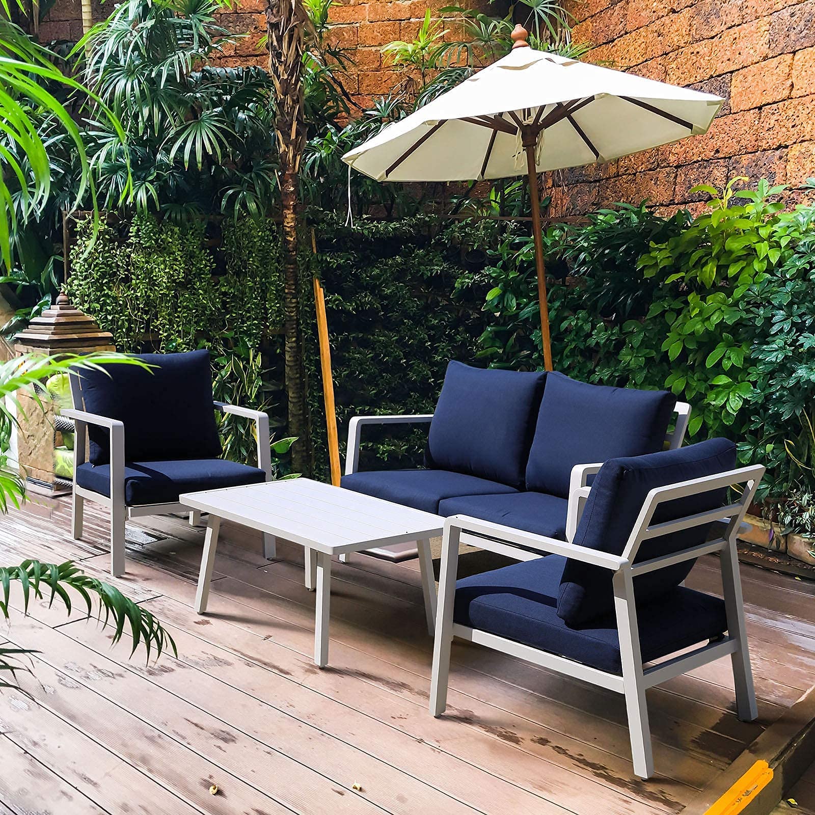 HL 4 Piece Patio Outdoor Furniture Sets Aluminum Frame Cushioned Conversation Set with Coffee Table, Modern Chat Set for Home and Backyard (Blue)