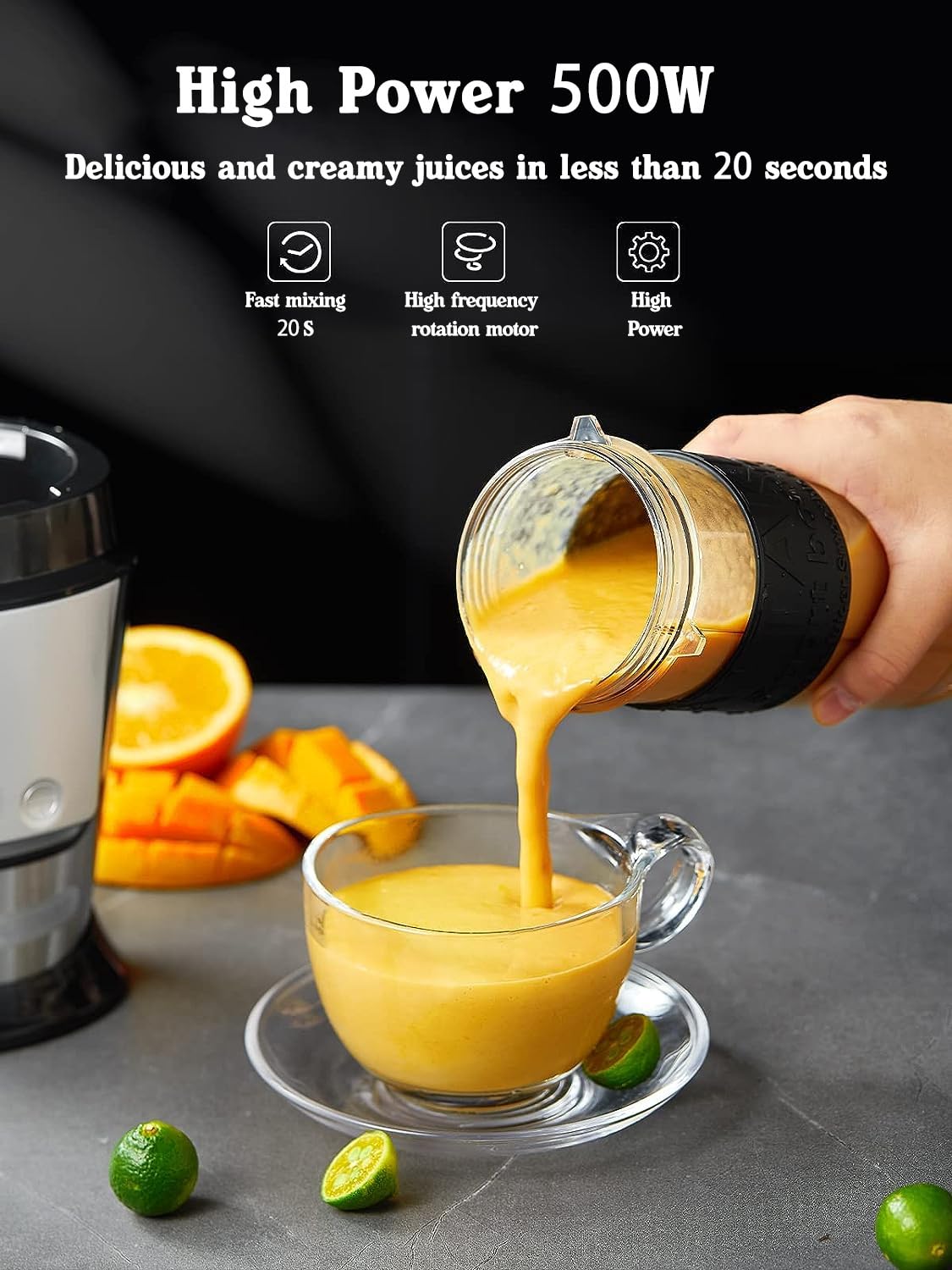 Lainsten Personal Blender, Portable Blender for Shakes and Smoothies,500W Personal blender For Kitchen Blender Set with 2X20oz Sports Mug, Grinder Cup (Black-01)