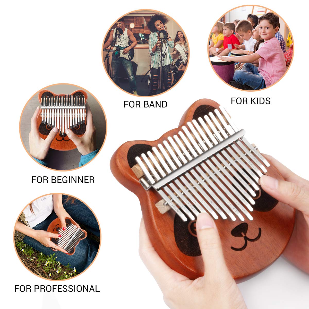 JeuRon 17 Keys Mahogany Kalimba Thumb Piano Finger Instrument With Portable Case Turning Hammer Study Instruction,Gift for Kids Adult Beginners and Professionals (NATURAL)