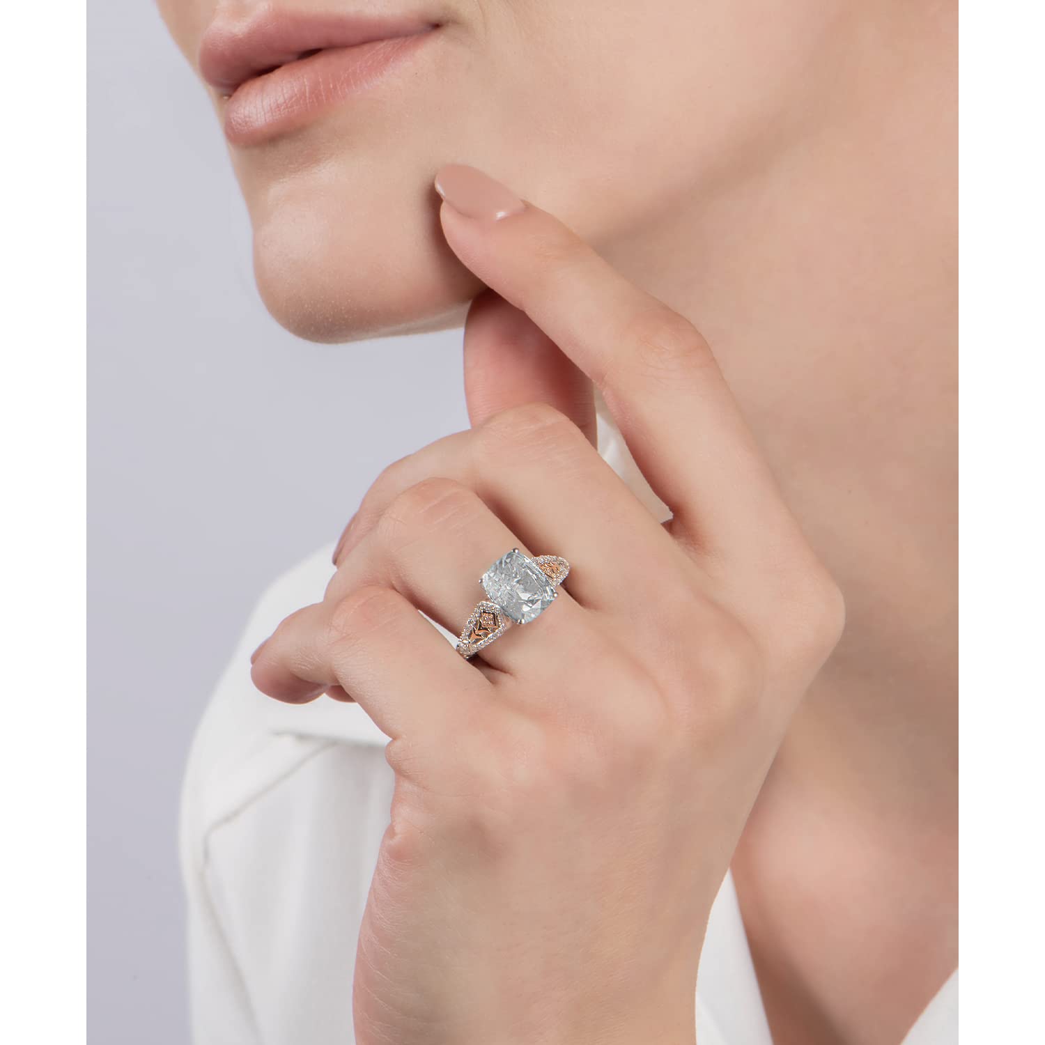 Jewelili Enchanted Disney Fine Jewelry Sterling Silver and 10K Rose Gold with 1/6 CTTW Diamond with Aquamarine Elsa Engagement Ring Size 8