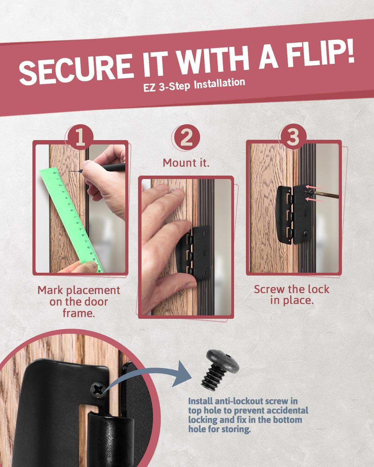 Jack N’ Drill Flip Action Door Lock (6 Pack)- Reversible Privacy Door Locks with Anti Lockout Screw for Child Proofing and Home Defense, Easy to Install and Durable Lock for Interior Swing-in Doors