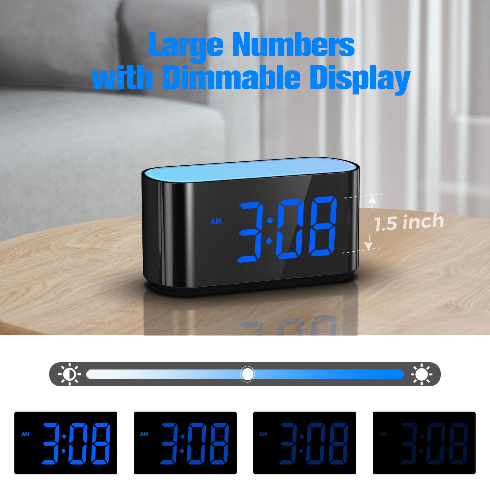 HOUSBAY Digital Alarm Clock for Bedrooms - Large Display Easy to Read Across The Room, 7 Larger Color Night Light, Dual Alarm, Dimmer, True Battery Backup, Adjustable Volume(Blue)