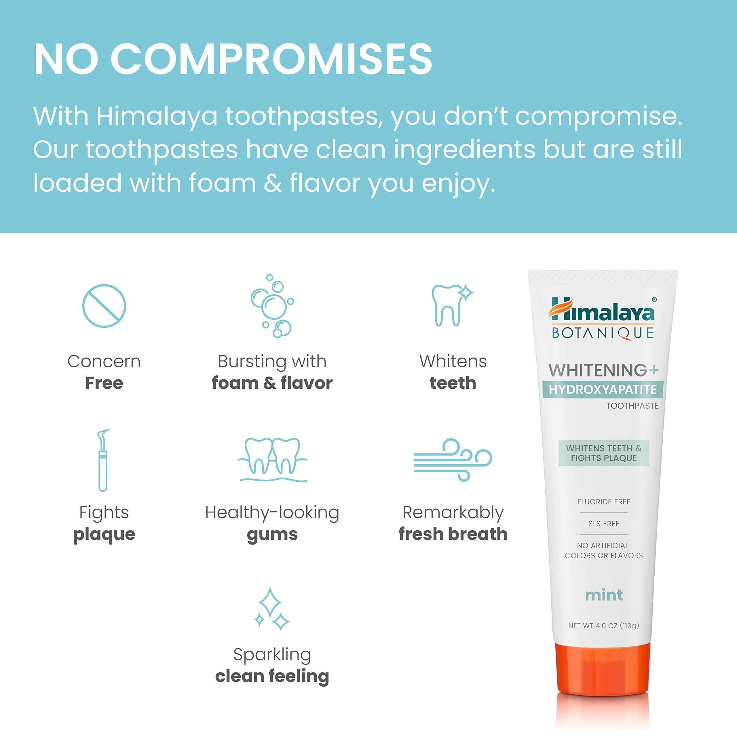 Himalaya Botanique Whitening + Hydroxyapatite Toothpaste for Whiter Teeth & Fresher Breath with Hydroxyapatite Support & Mint Flavor, Fluoride Free, SLS Free, & Vegan, 4.0 oz (113g)