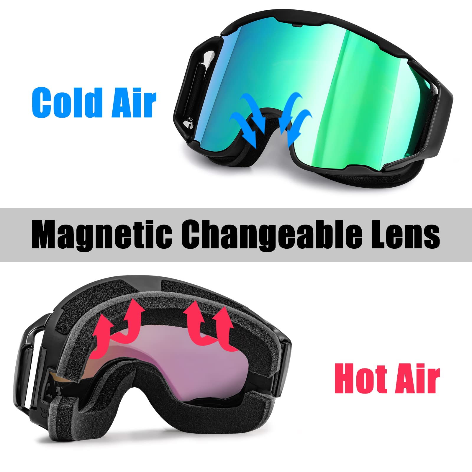 JiaTeums Men's and Women's Ski Snowboard Goggles, Anti-Fog, Adjustable, UV Protection