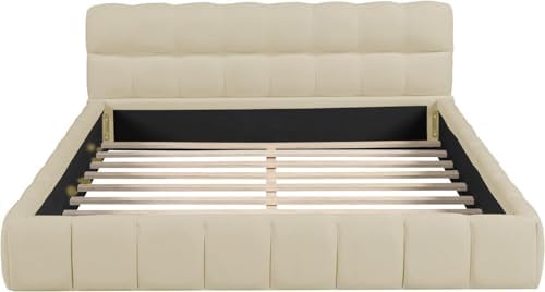 UOCFYK Upholstered Full Platform Bed with Headboards, Solid Wooden Bedframe with Wood Slat Support for Boys, Girls, Adult, No Box Spring Needed, Beige