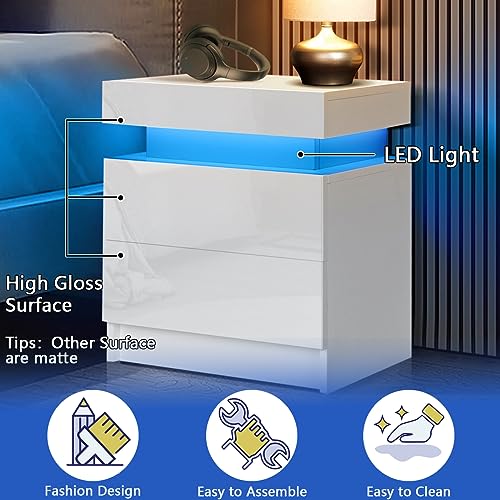 HOMMPA LED Nightstand White Nightstand with Led Lights Modern Night Stand with 2 High Gloss Drawers Led Bedside Table Smart Nightstand for Bedroom 20.5β Tall