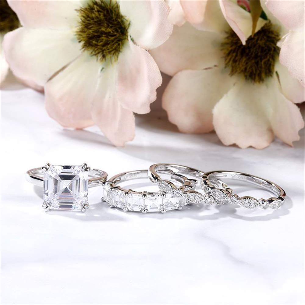 Jeulia 4PC Asscher Cut Sterling Silver Ring Set Cubic Zirconia CZ Engagement Anniversary Eternity Promise Wedding Band Ring Set with Jewelry Box (6.5)