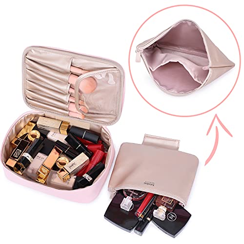 Katadem Travel Makeup Bag,Large Opening Makeup Bag,Portable Makeup Bag Opens Flat for Easy Access, Toiletry Bag,PU Leather Makeup Bag,Large Cosmetic Organizer for Women (ppink)