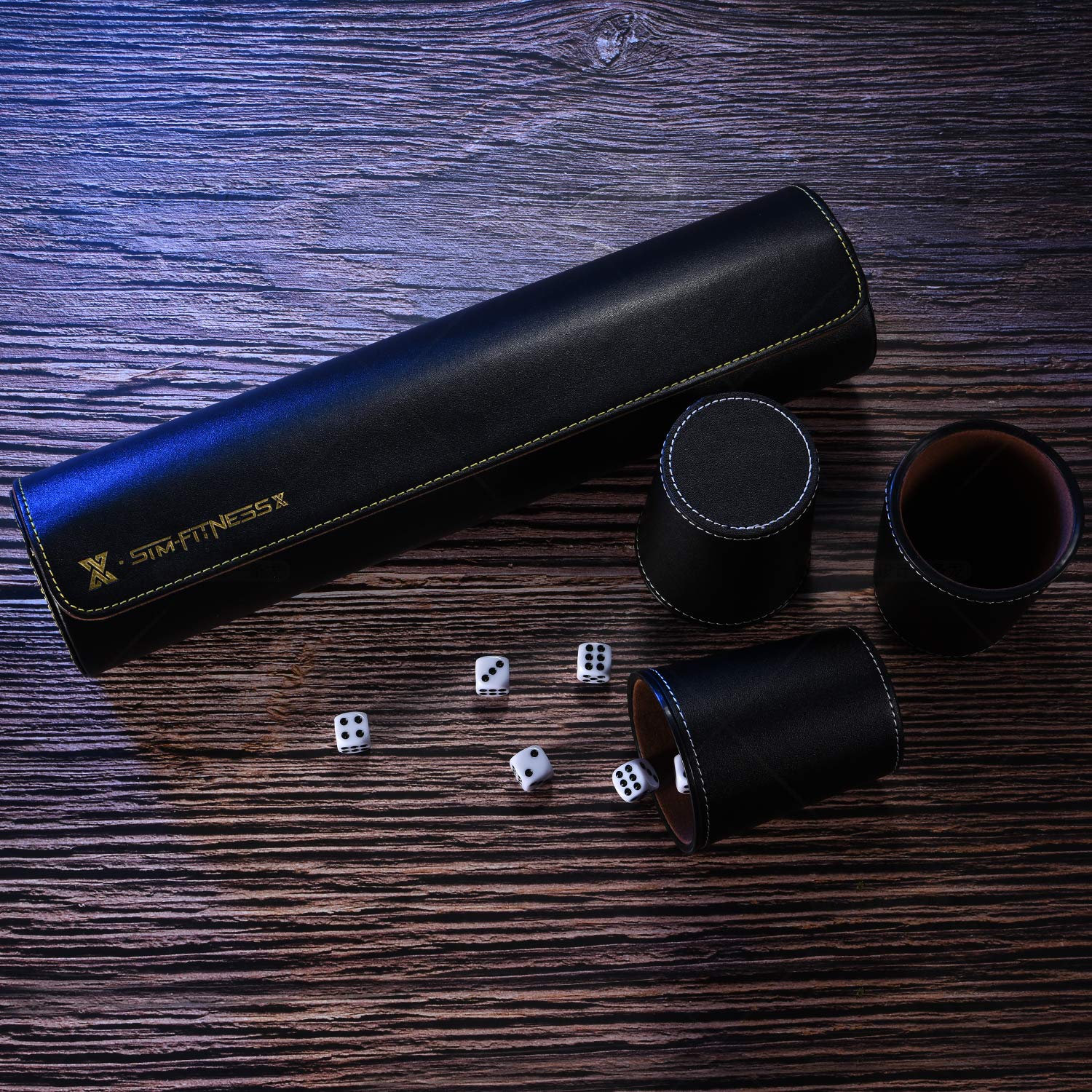 ImnBest Leather Dice Cup Set, 5 Black Leather Dice Cups + 25 Dice + Exclusive Storage and Transport Case Made of Faux Leather with Magnetic Closure..