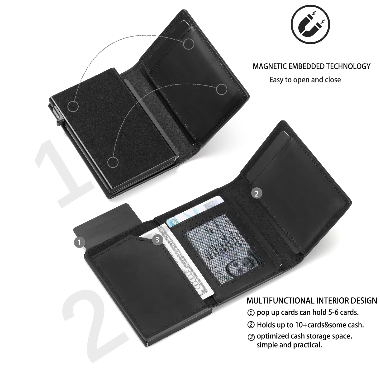 Leaov AirTag Wallet RFID Blocking Pop Up Wallet Credit Card Holder for Apple AirTag,Genuine Leather Simple AirTag Wallet(AirTag not included) Black