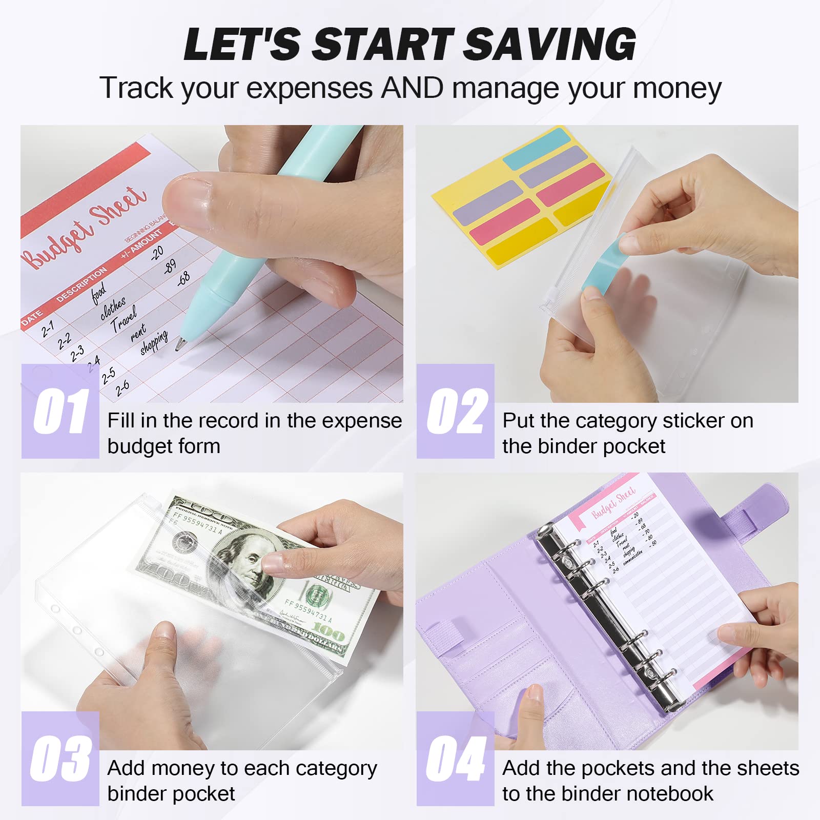 KTRIO A6 Budget Binder with Zipper Envelopes, Cash Envelopes for Budgeting, Money Organizer for Cash, Bill Money Saving Binder Planner, 26PCS A6 PU Leather Budget Notebook System, Gift - Purple