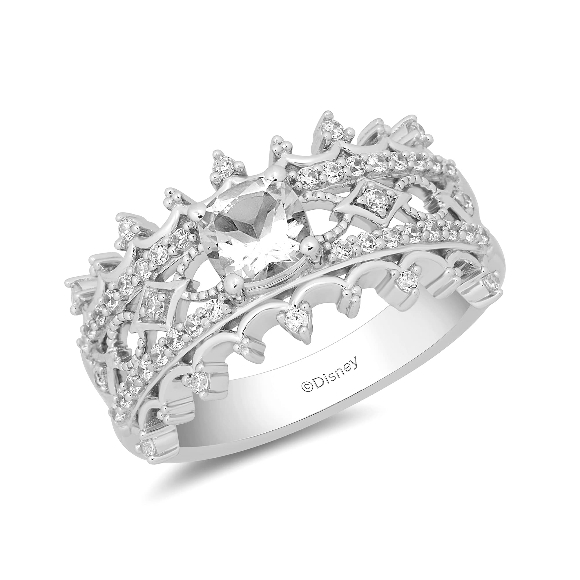 Jewelili Enchanted Disney Fine Jewelry Sterling Silver 5x5 MM Cushion Shape White Topaz and 1/3 Cttw Natural White Round Diamond Majestic Princess Engagement Ring, Size 8