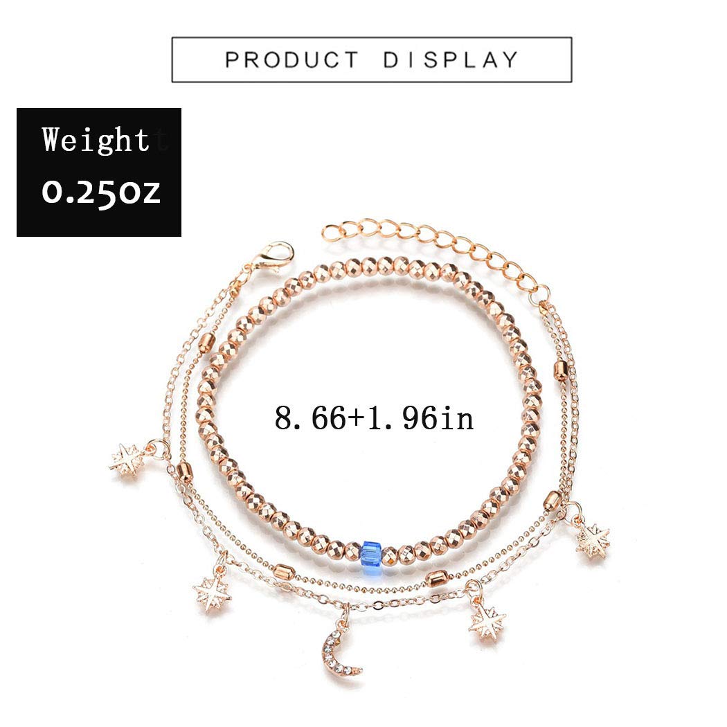 Jeweky Boho Three Layered Beaded Ankle Bracelets Gold Moon Summer Beach Anklet Chain for Women