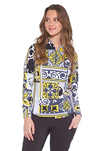 IBKUL Women’s Sun Protective UPF50+ Icefil tech Jacklin Print Long Sleeve Mock Neck – 10859 Charcoal/Yellow Jacklin XL
