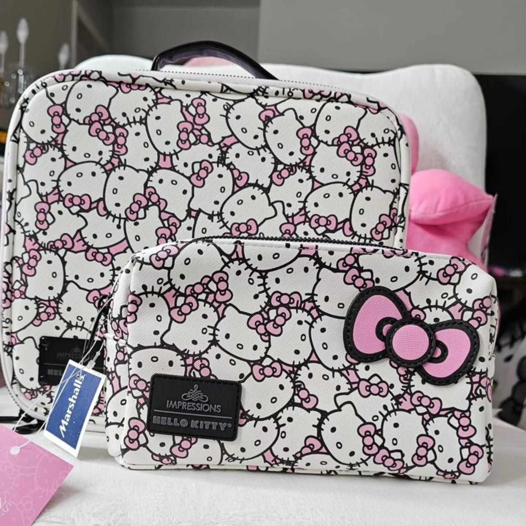 Impressions Vanity Hello Kitty Cosmetic Pouch with Waterproof Faux Leather, Zippered Bag For Travel Size Toiletries, Makeup Bag Organizer With Inside Pocket With Extra Slip Pocket (White/Pink)