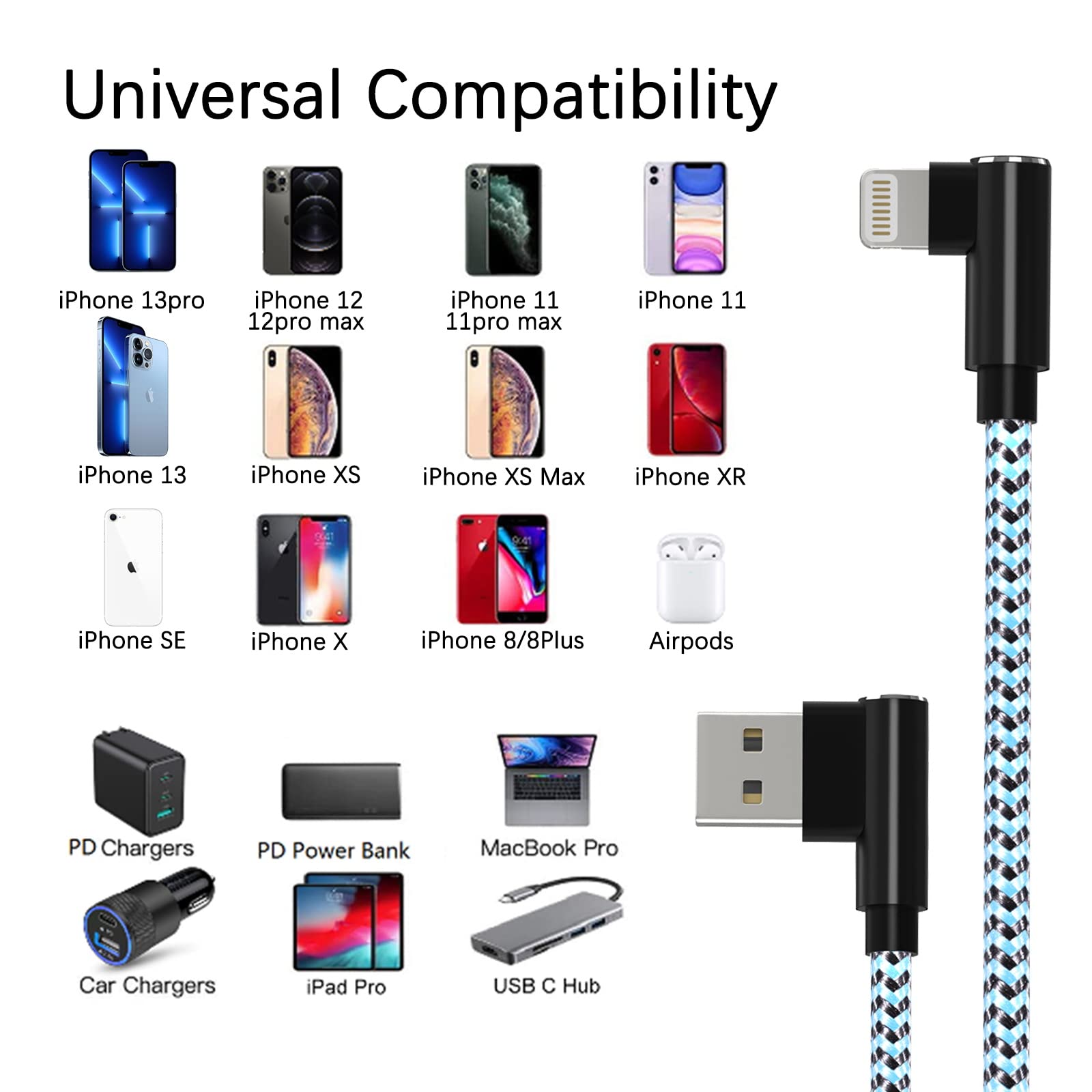 iPhone Charger [Apple MFi Certified] 90 Degree 10ft 3 Pack Lightning Cable Braided Right Angle Charging Cord Compatible with iPhone 13 12 11 Pro,12 Mini XS Max 8 7 Plus 6 iPad (Blue,10 Foot)