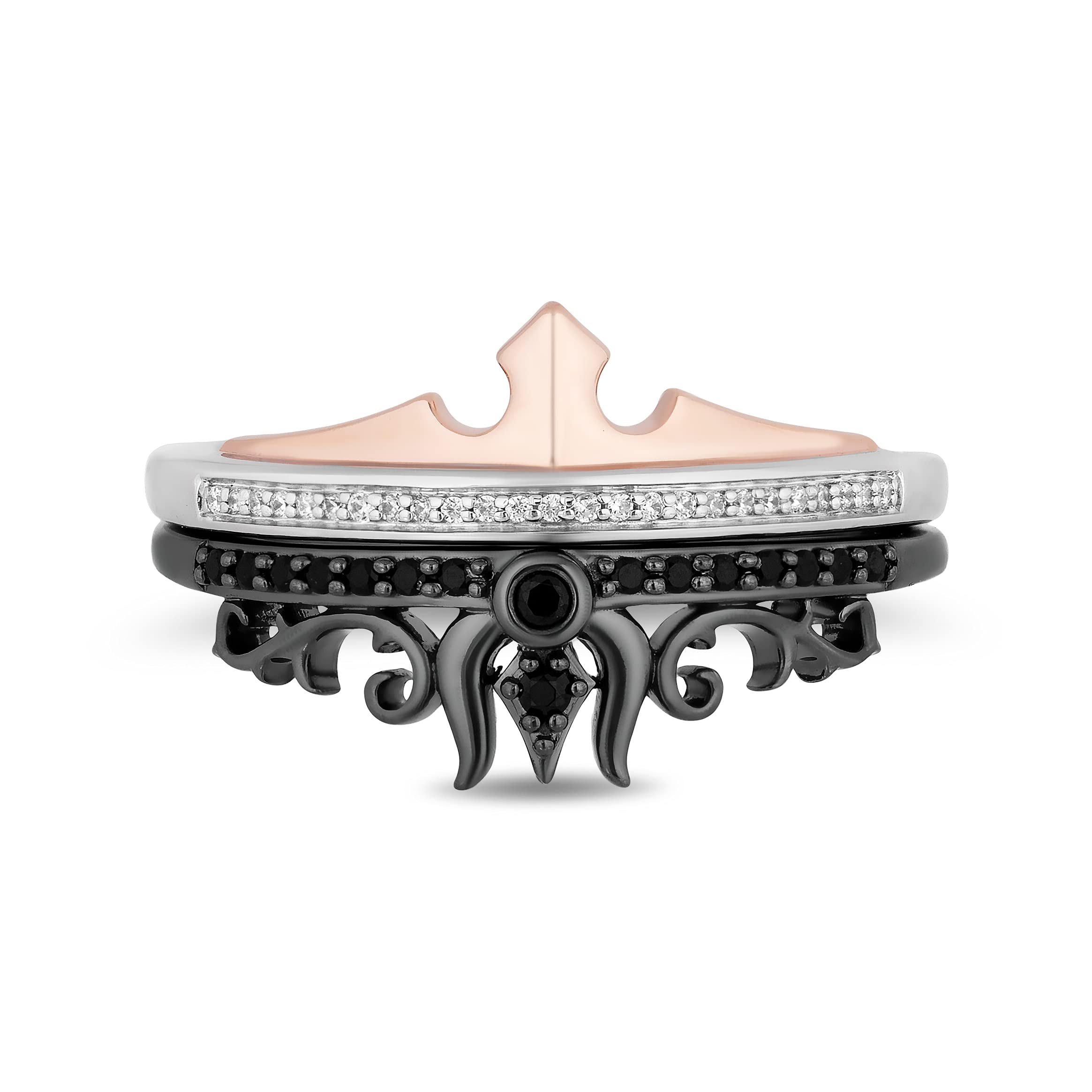 Jewelili Enchanted Disney Fine Jewelry Aurora and Maleficent Duo Stack Ring in Black Rhodium and Rose Gold Over Sterling Silver 1/5 CTTW with Treated Black and Natural White Round Diamonds, Size 8