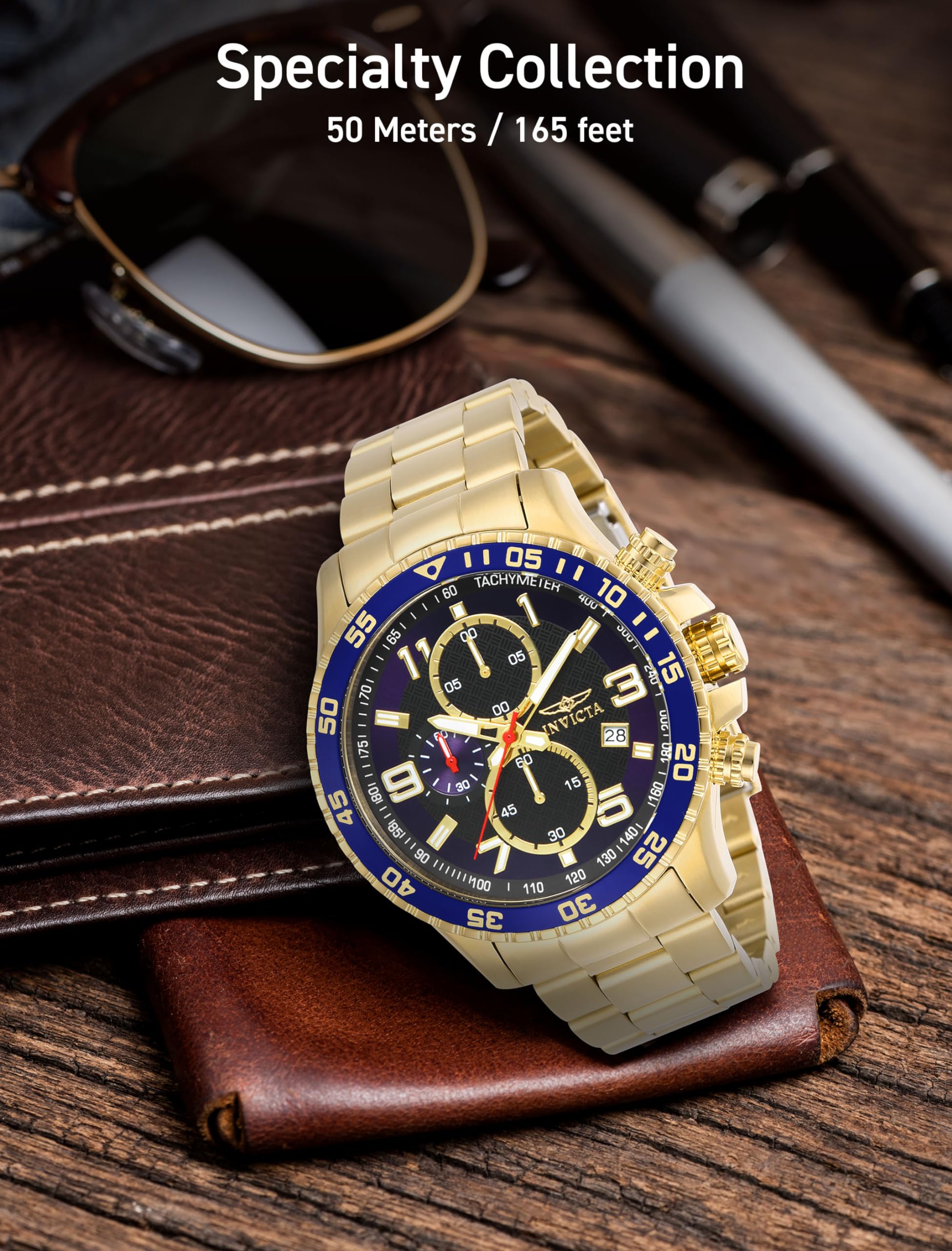 Invicta Men's 14878 Specialty Chronograph Dark Blue Textured Dial Gold Ion-Plated Stainless Steel Watch