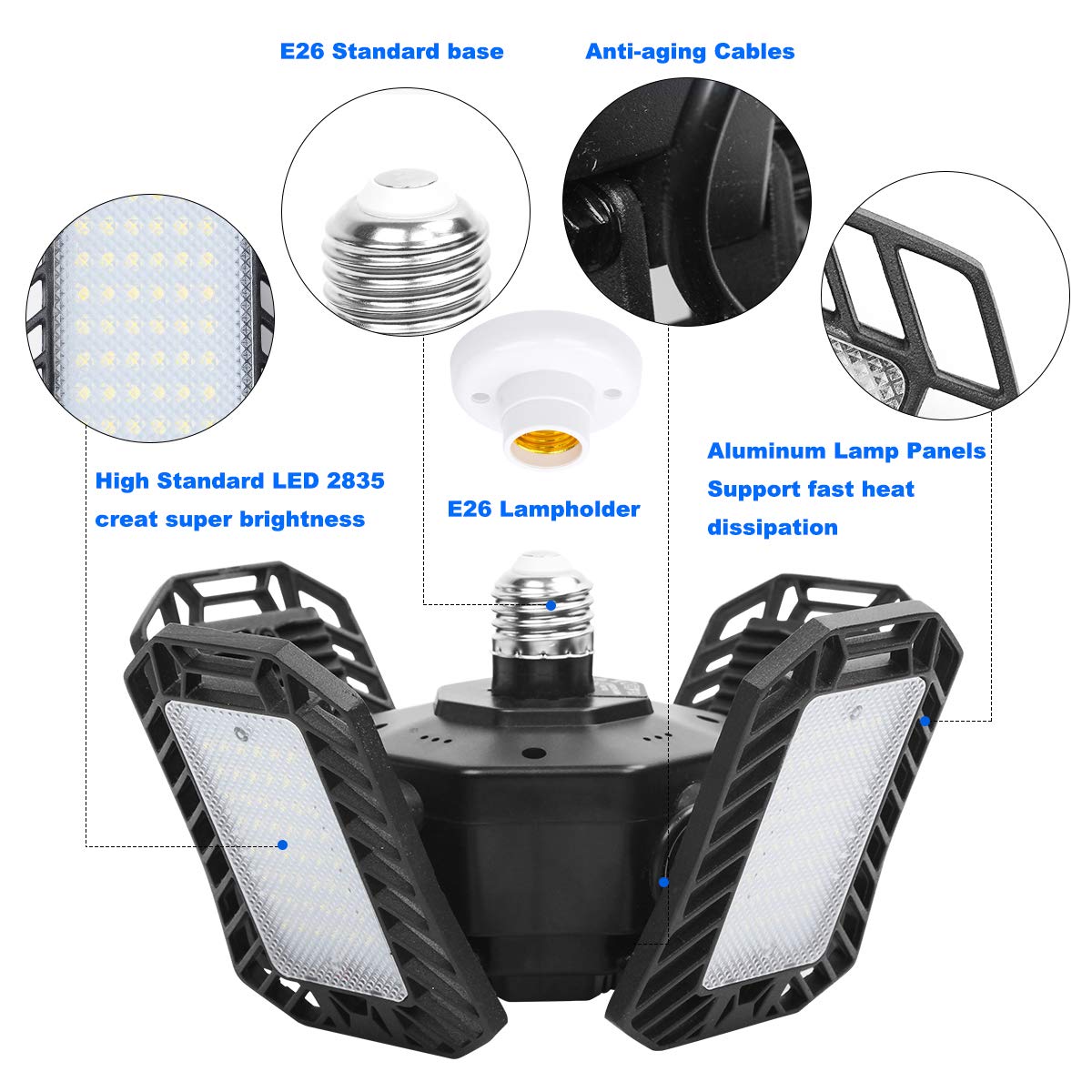 LED Garage Lights, 120W 12000 Lumens Deformable LED Garage Ceiling Lights with 4 Adjustable Panels, E26 Medium Base 6500K Daylight LED Light Bulb, LED Shop Lights for Garage, Basement, Barn, Warehouse