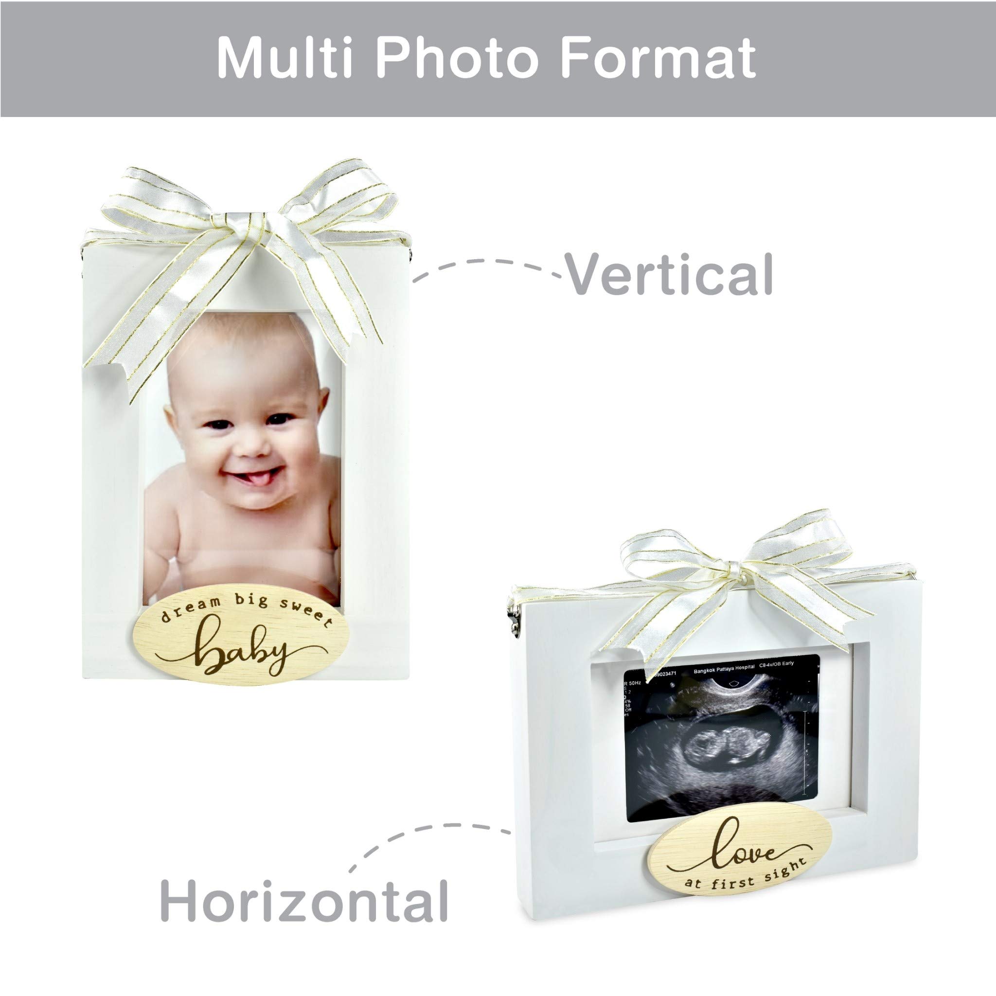 I’m Solid Wood Sonogram Pregnancy Baby Ultrasound 2 Sided Photo Frame, Great for Expecting New Parents Keepsake & Nursery Décor “Love at First Sight/Dream Big Sweet Baby" (White)