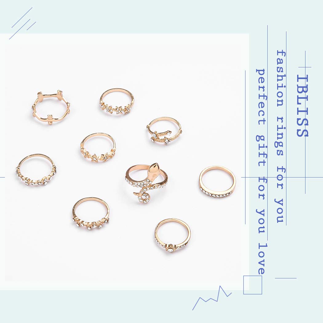 Ibliss Boho Rings Set Crystal Mid Joint Knuckle Rings Gold Snake Stackable Finger Rings Jewelry for Women and Girls 9PCS