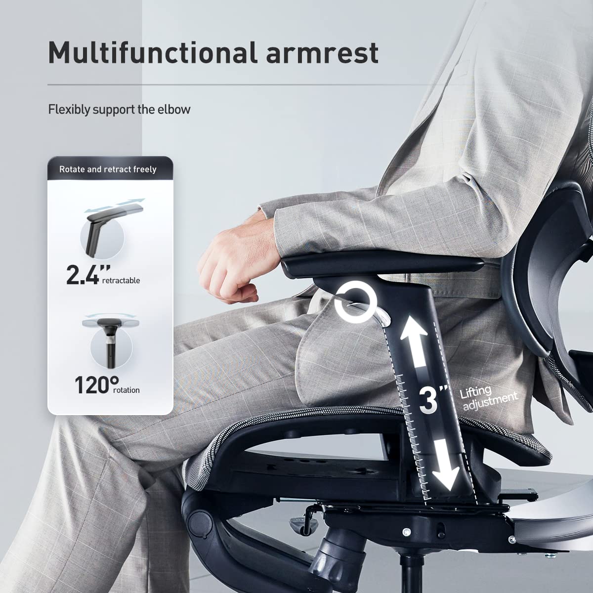 Hbada Ergonomic Office Chair Elastic Adaptative Back Lumbar Support Computer Chair, Seat Depth Adjustment Office Chair, Backrest Height Adjustable Mesh Desk Chair with Footrest, Black