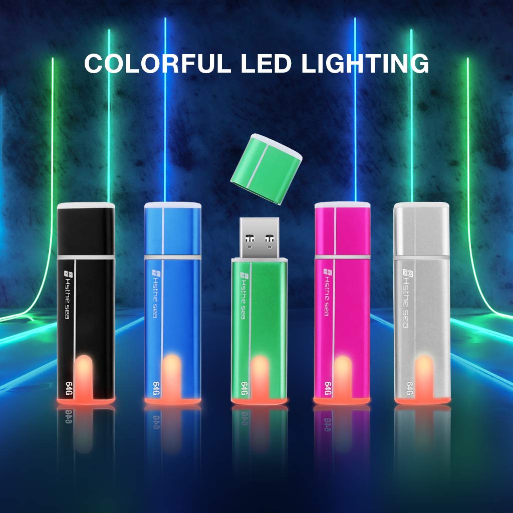 Hsthe Sea 64GB Thumb Drive 5 Pack High Speed USB 3.0 Memory Stick with LED Light USB Flash Drive Pen Drive Waterproof Design for Storage(Multicolors)