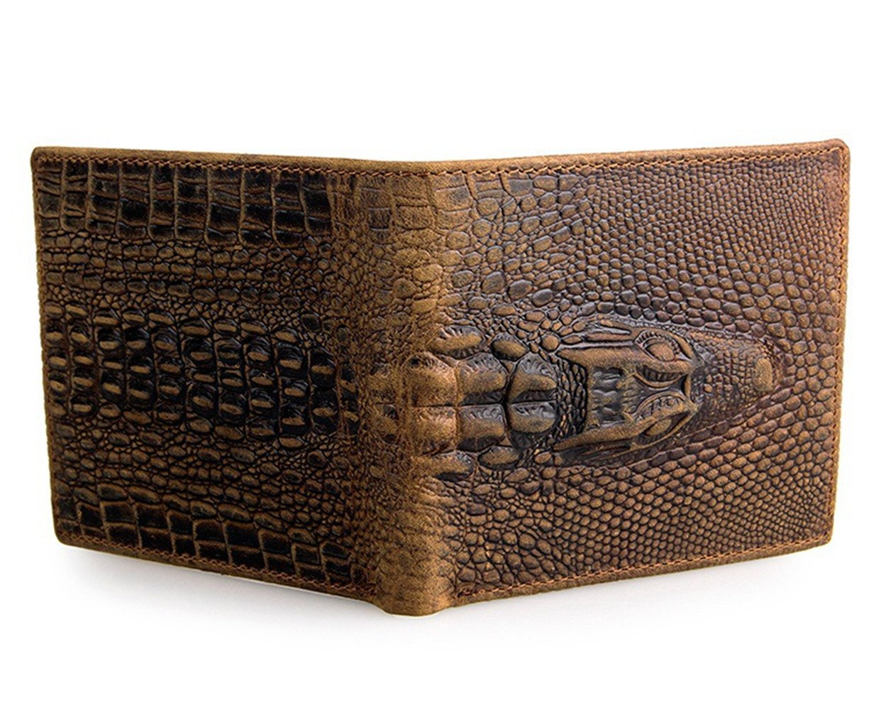 HRS Crocodiile Wallets for Men- Ultra Slim Genuine Leather Mens Bifold Wallet Vintage Personal with Alligator Embossed