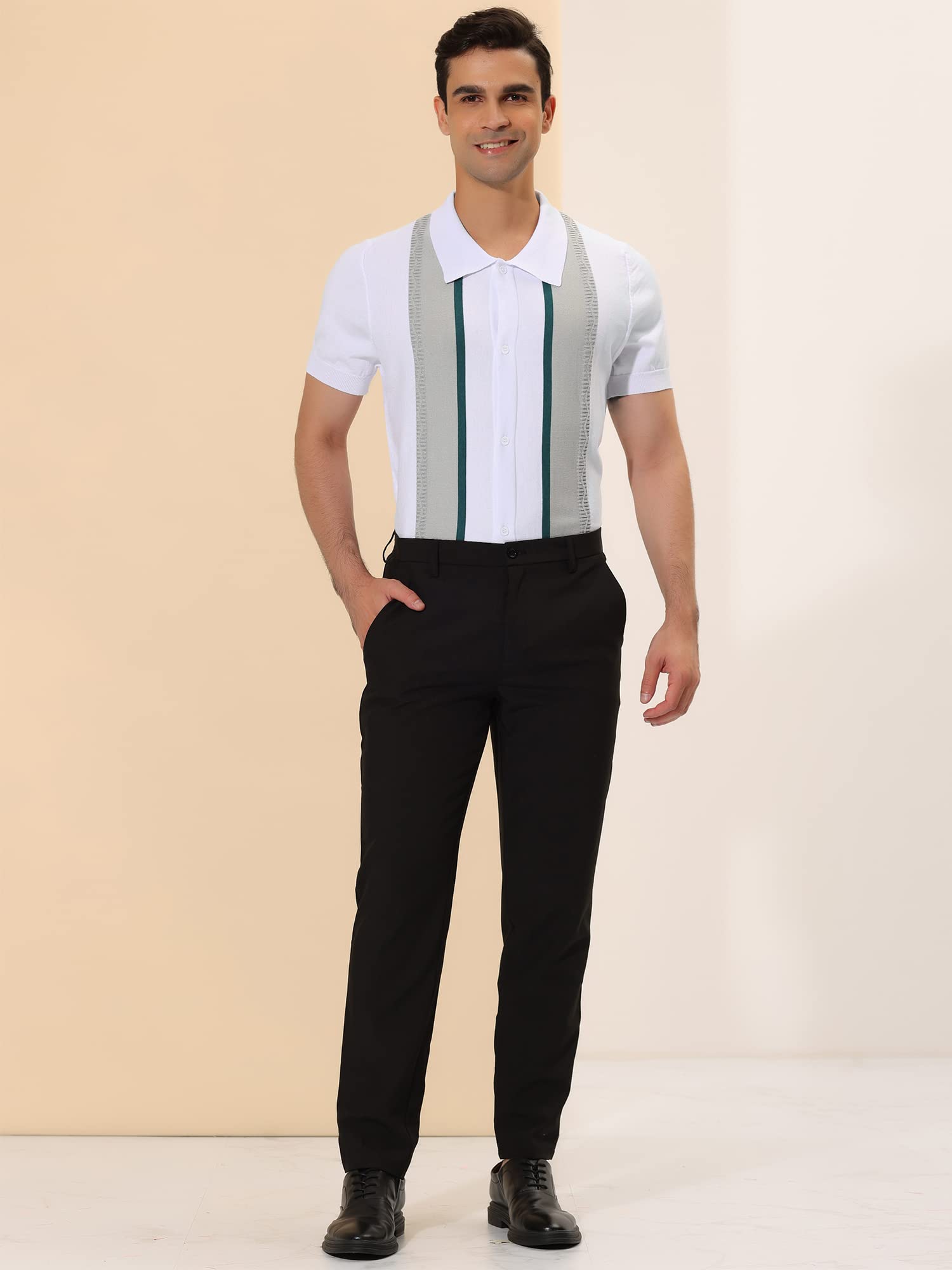 Lars Amadeus Men's Stripe Button Down Knit Polo Shirts Short Sleeve Vintage Golf Shirt Medium White Gray