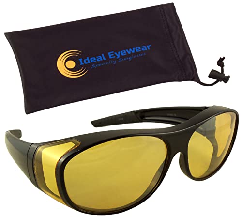 Ideal Eyewear Night Driving Wear Over Glasses Yellow Lens Fit Over Glasses (Black Frame with case, Large)