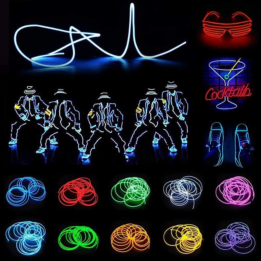 JIGUOOR EL Wire Battery Pack 9.8ft / 3m Bright Neon Light Strip 360° Illumination Neon Tube Rope Lights for DIY, Festival, Party Decoration, Pub, Halloween, Chrismas (9.8ft / 3m, White)