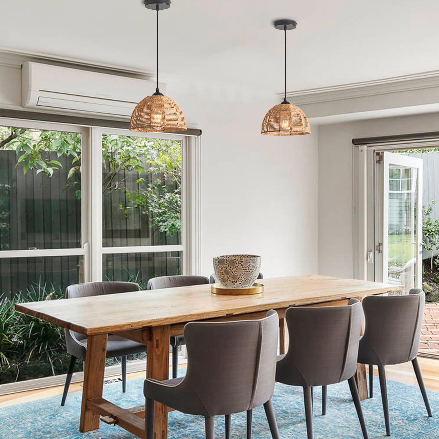 Gudicati Hand Woven Rattan Pendant Light Fixture Vintage Farmhouse 9.84" Bamboo Dome Pendant Lights Modern Retro Boho Wicker Basket Pendant Lighting for Kitchen Island, Bedroom, Dining Room, 2-Pack