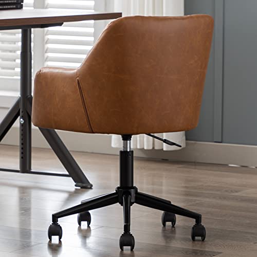 VESCASA Adjustable Home Office Desk Chair with Comfy Square Tufted Mid-Back, Faux Leather 360 Swivel Upholstered Task Armchair with Wheels for Teens Bedroom/Living Room, (Brown)
